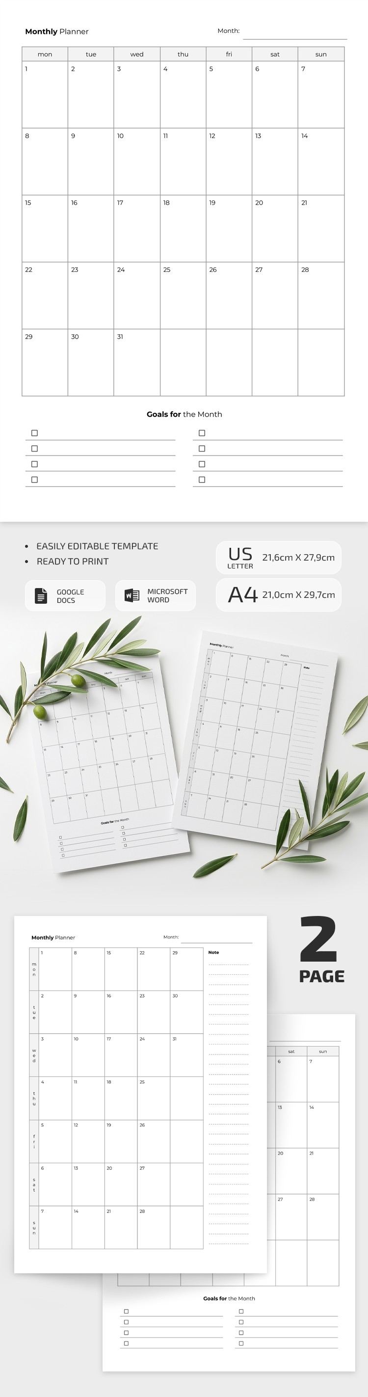 Free 2 Page Monthly Planner Template | thegoodocs.com