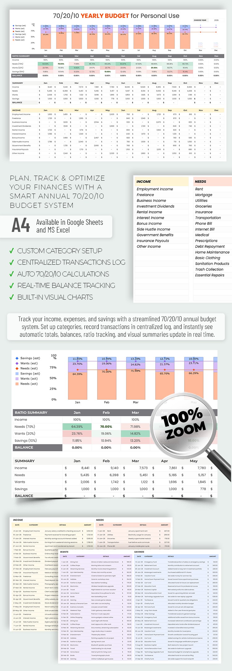 Free 70/20/10 Yearly Budget Template for Personal Use Template in ...