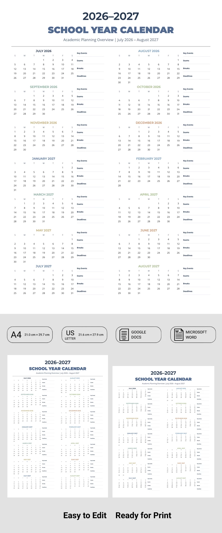Free Academic Calendar Template 2026-2027 Template in Google Docs and ...