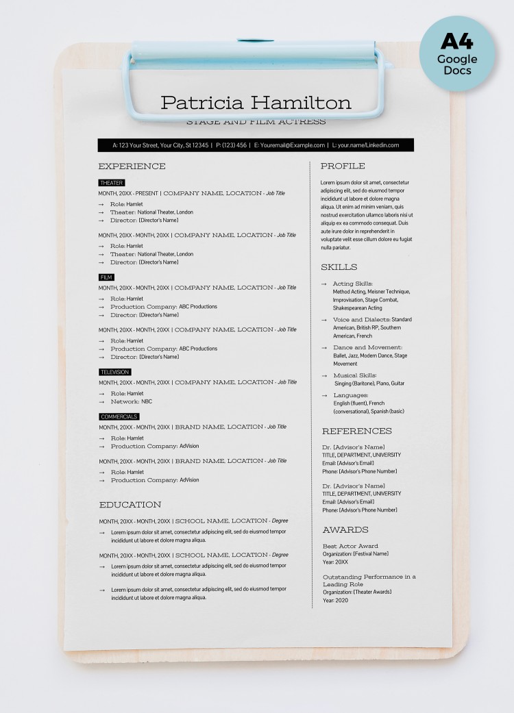 Free Acting Resume Template in Google Docs and Microsoft Word ...