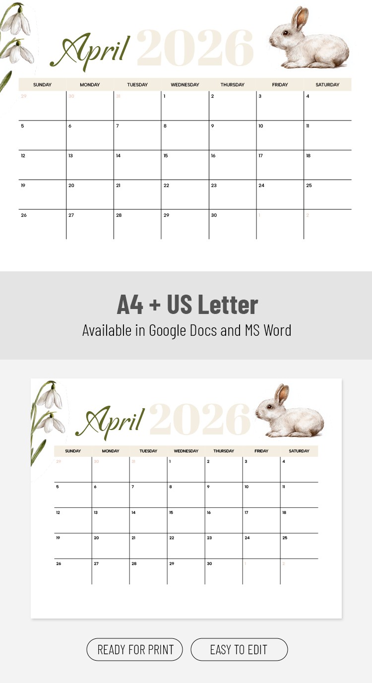 Free Modèle de calendrier du dimanche de Pâques d'avril 2026 Modèle en ...