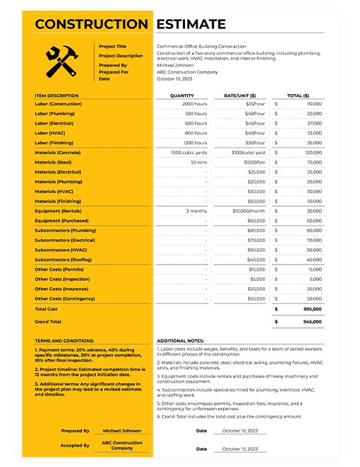 Free Basic Construction Estimate Template In Google Sheets