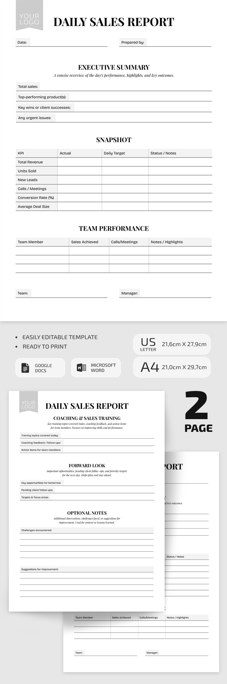 Free Basic Daily Sales Report Template in Google Docs and Microsoft ...