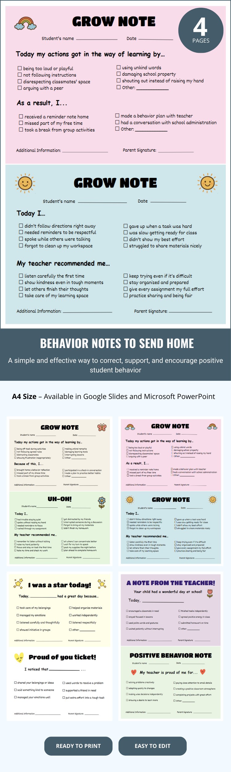 Free Behavior Notes to Send Home - Classroom Management Template in ...