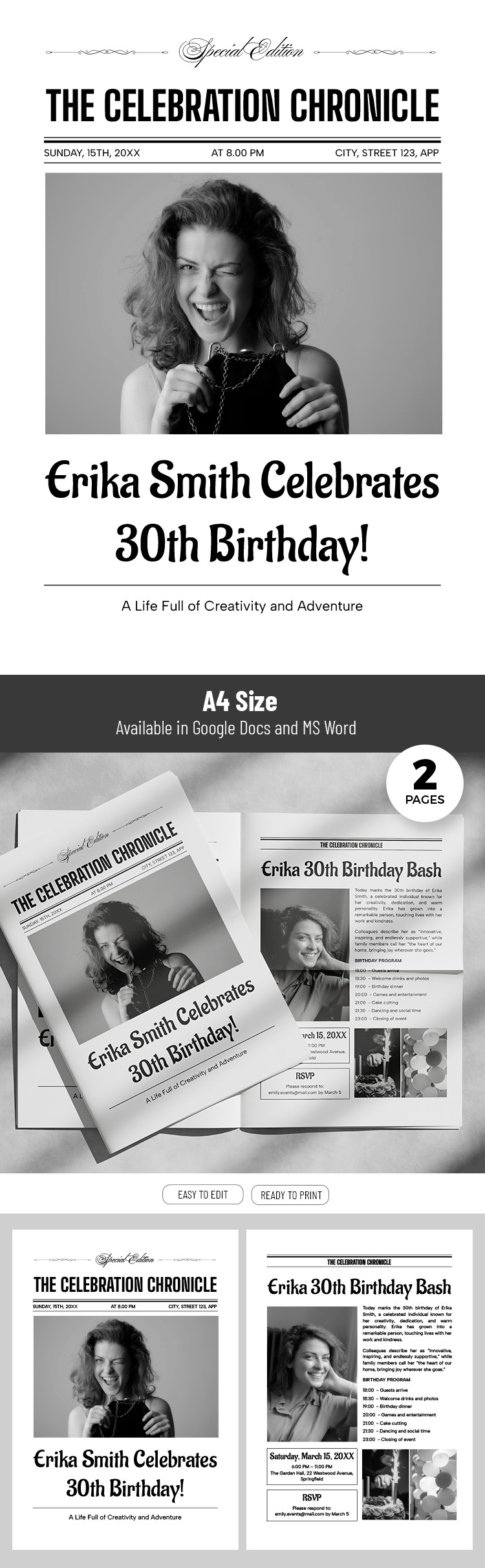 Free Editable Elegant Birthday Newspaper Template for Google Docs and ...