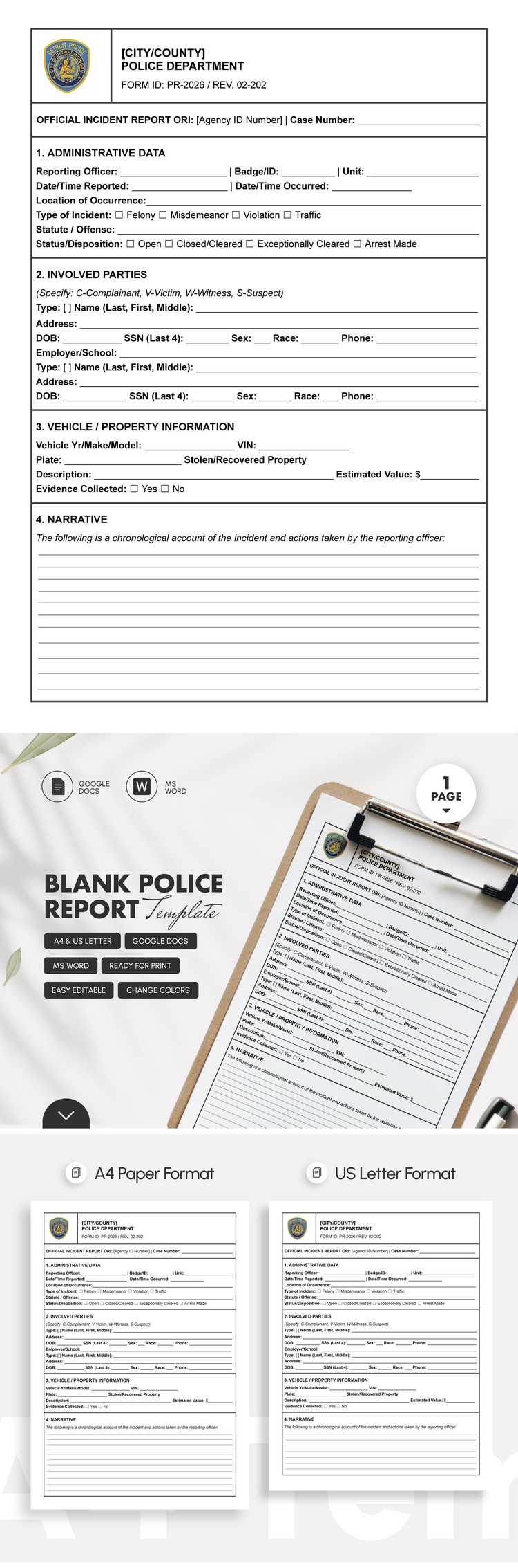 Free Blank Police Report Template in Google Docs and Microsoft Word ...