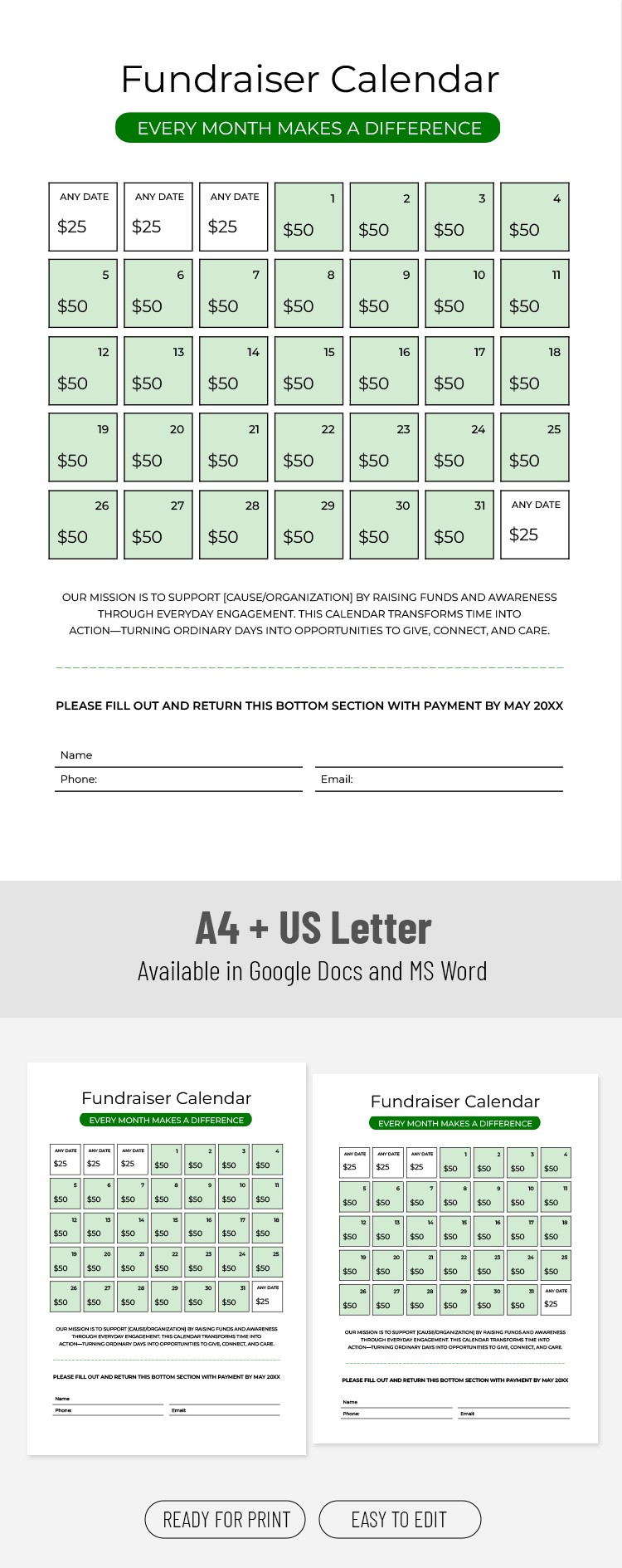 Free Cash Fundraiser Calendar Template in Google Docs and Microsoft ...