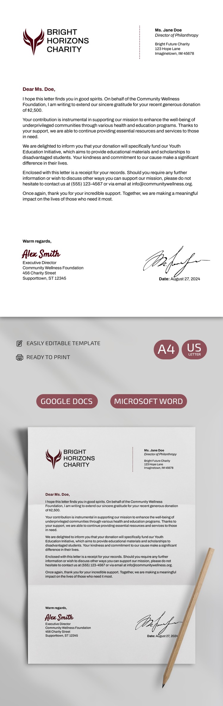Free Charitable Donation Letter Template for Google Docs and Microsoft ...