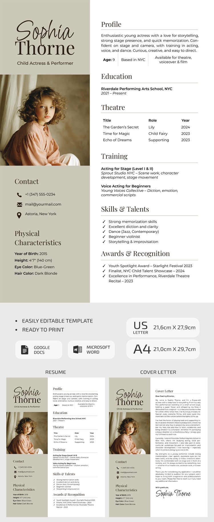 Free Plantilla de currículum de actor infantil con carta de ...