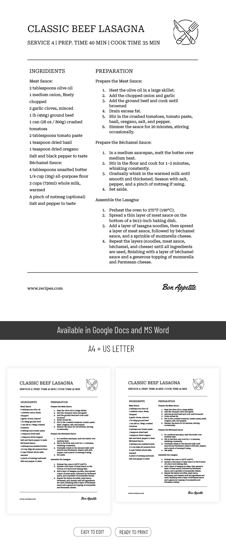 Free Tarjeta de receta clásica Plantilla en Google Docs and Microsoft ...