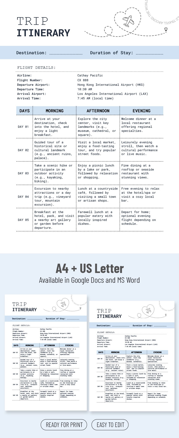 Free Classic Trip Itinerary Template | thegoodocs.com