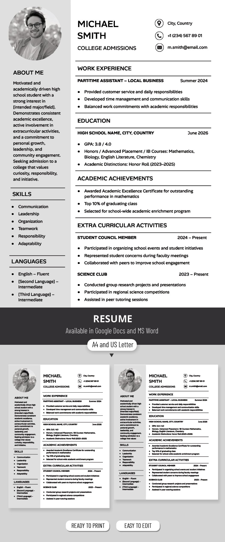 Free College Admissions Resume Template in Google Docs and Microsoft ...