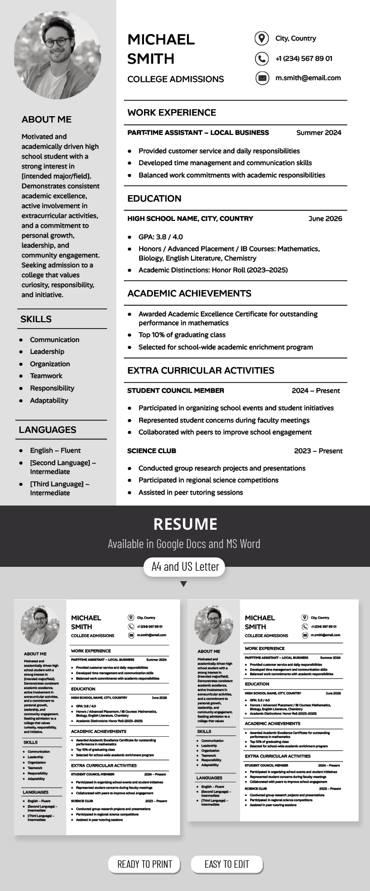 Free College Admissions Resume Template in Google Docs and Microsoft ...