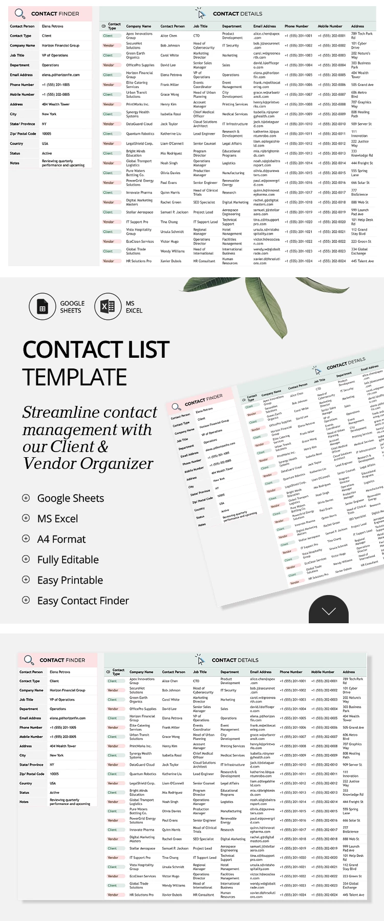Free Contact List Template – Client & Vendor Organizer Template in ...