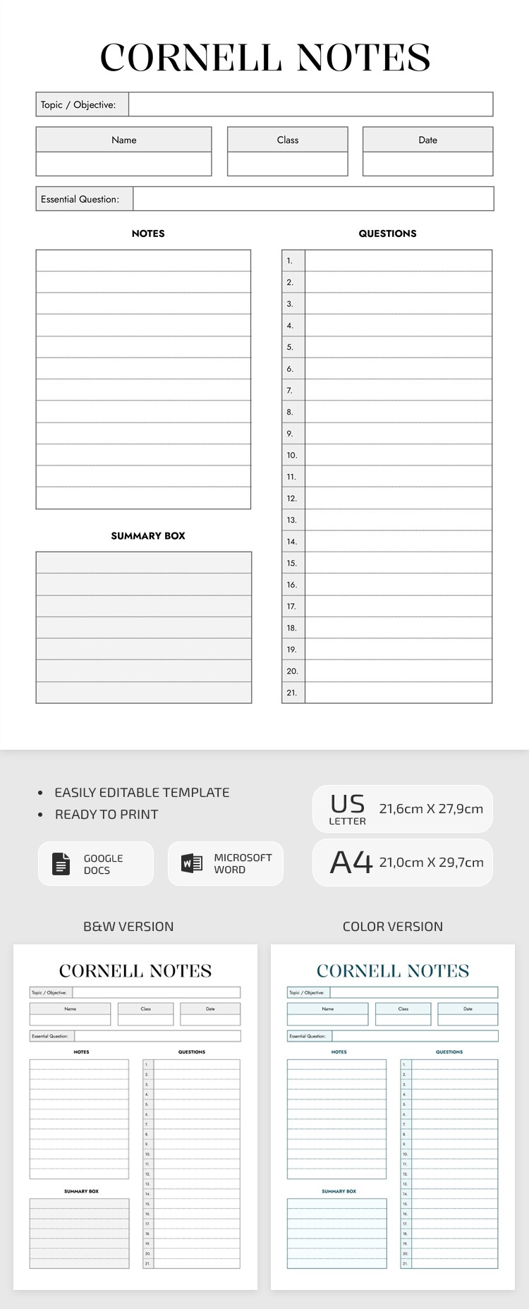 Free Feuille de notes Cornell pour la classe Modèle dans Google Docs ...