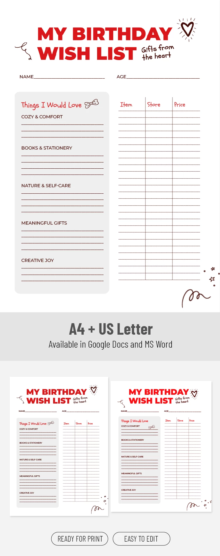 Free Cute Birthday Wish List Template in Google Docs and Microsoft Word ...