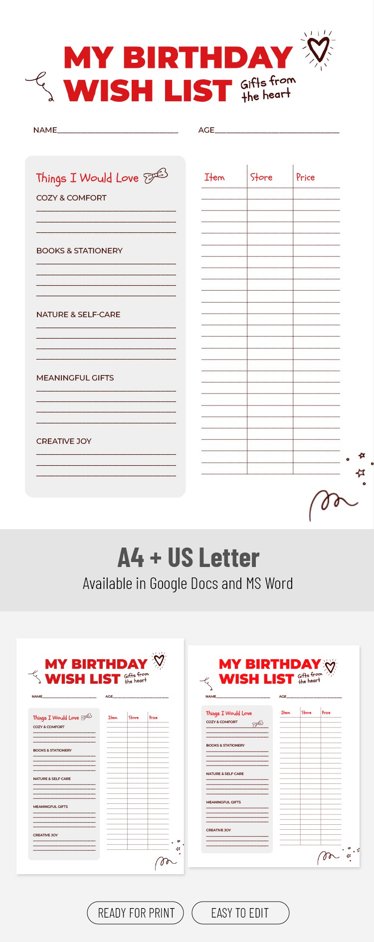 Free Cute Birthday Wish List Template in Google Docs and Microsoft Word ...