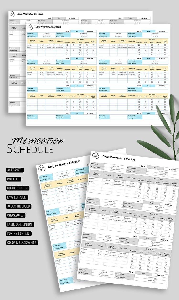 Gratuit Horaire quotidien de médication Modèle dans Google Sheets