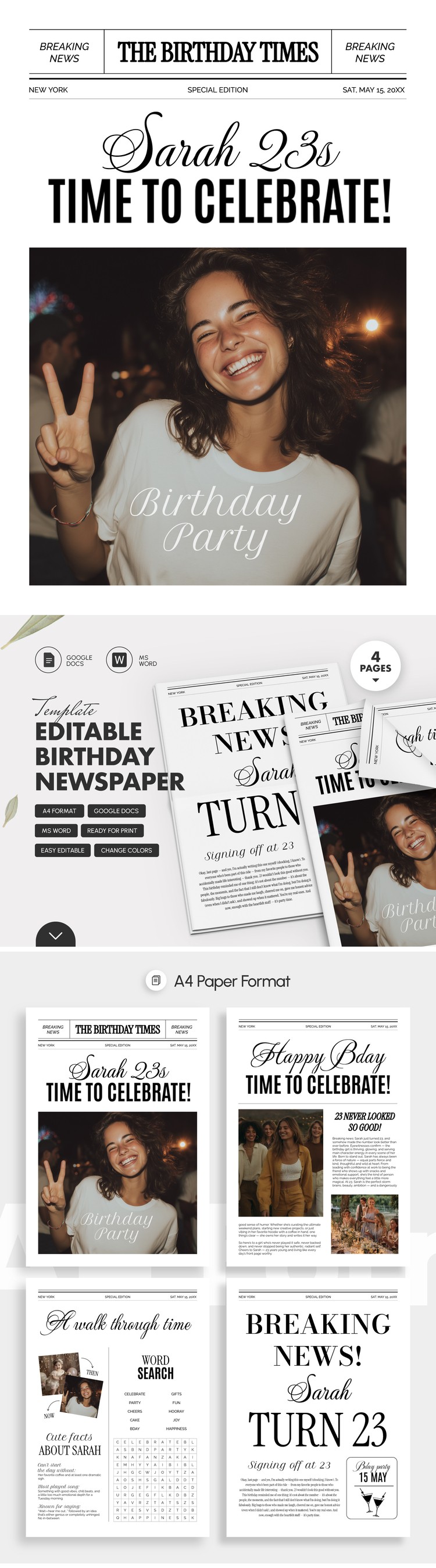 Free Editable Birthday Newspaper Template for Google Docs and Microsoft ...