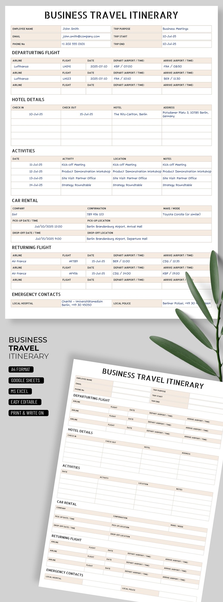 Free Editable Business Travel Itinerary Template | thegoodocs.com