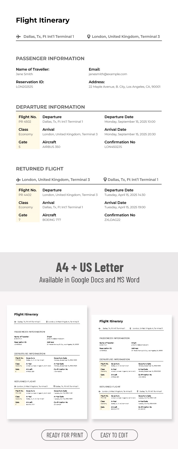 Free Editable Simple Flight Itinerary Template | thegoodocs.com