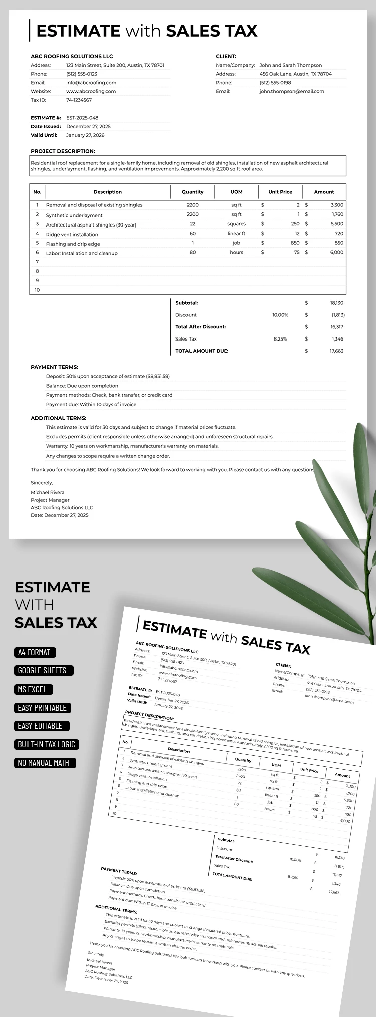 Free Estimate Template with Sales Tax In Google Sheets