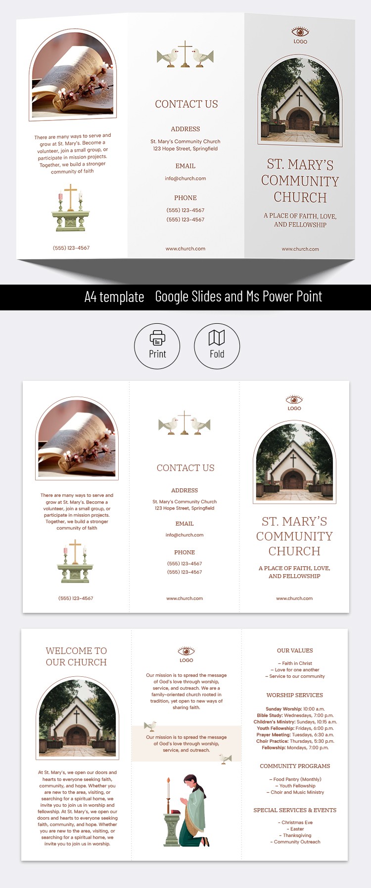 Free Faith & Worship Church Brochure – Trifold Layout Template in Google Slides and Microsoft ...