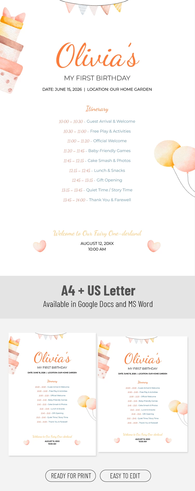 Free First Birthday Itinerary Template | thegoodocs.com