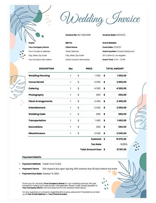 Invoice Template For Wedding Invoice Format | Billing Format Free
