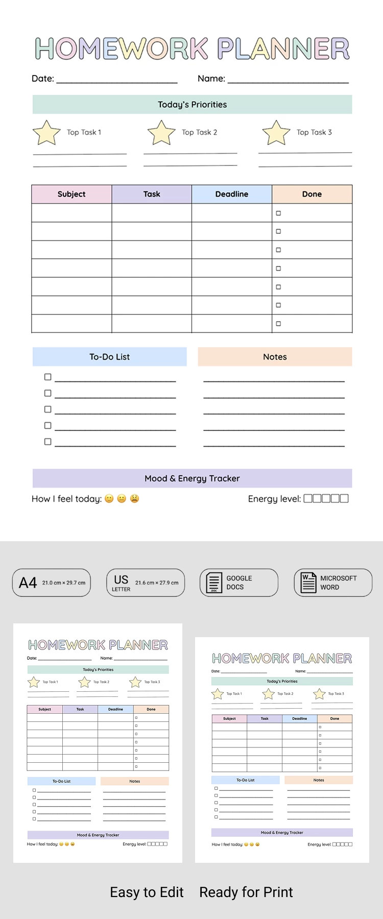 Free Homework Planner Template for Students Template | thegoodocs.com