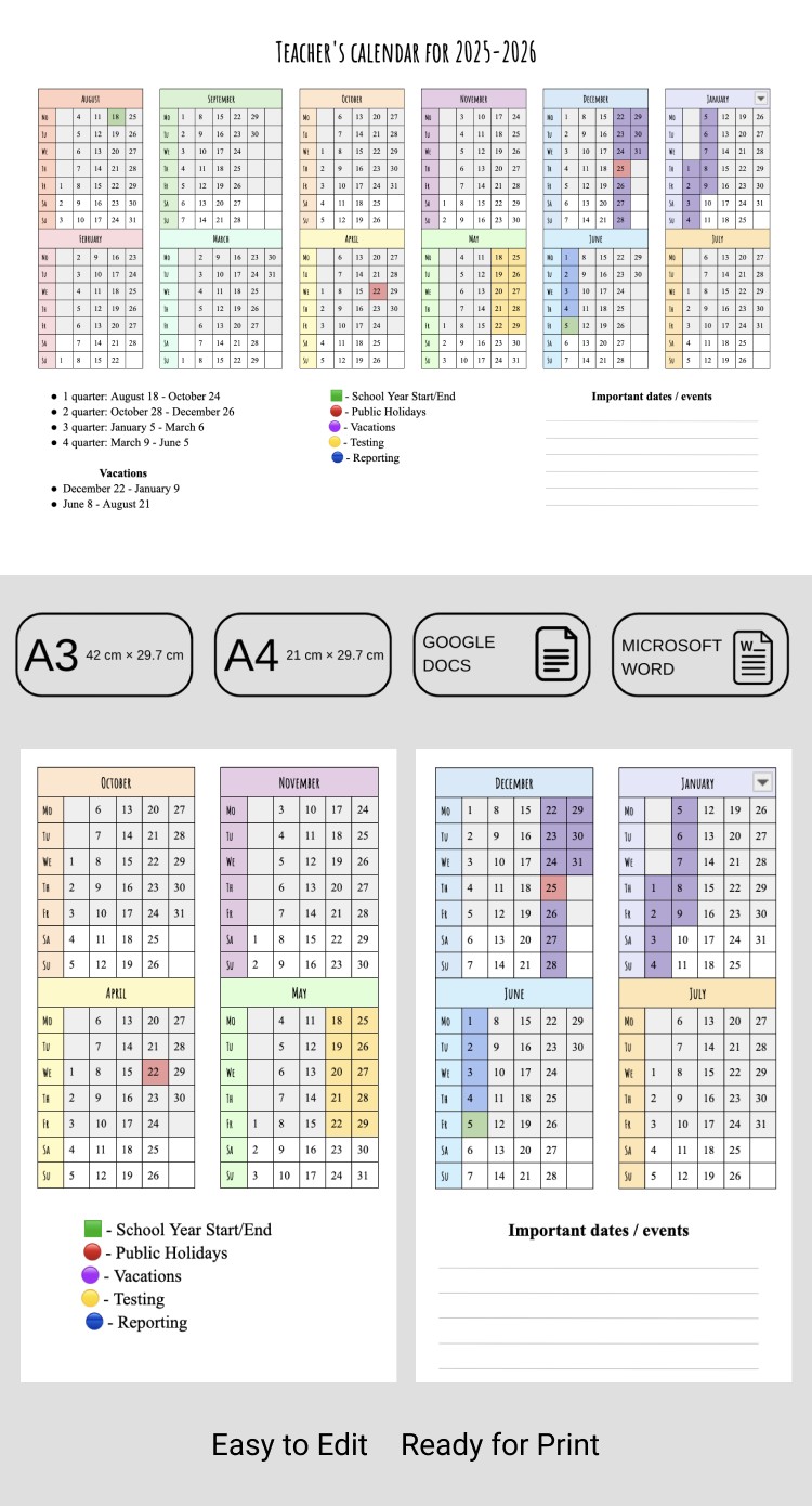 Free Full Year Academic Calendar 2025–2026 Template in Google Docs and ...