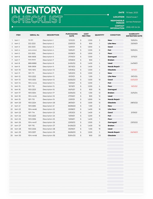 Gratuit Modèle de liste de contrôle des stocks verts Modèle dans Google ...