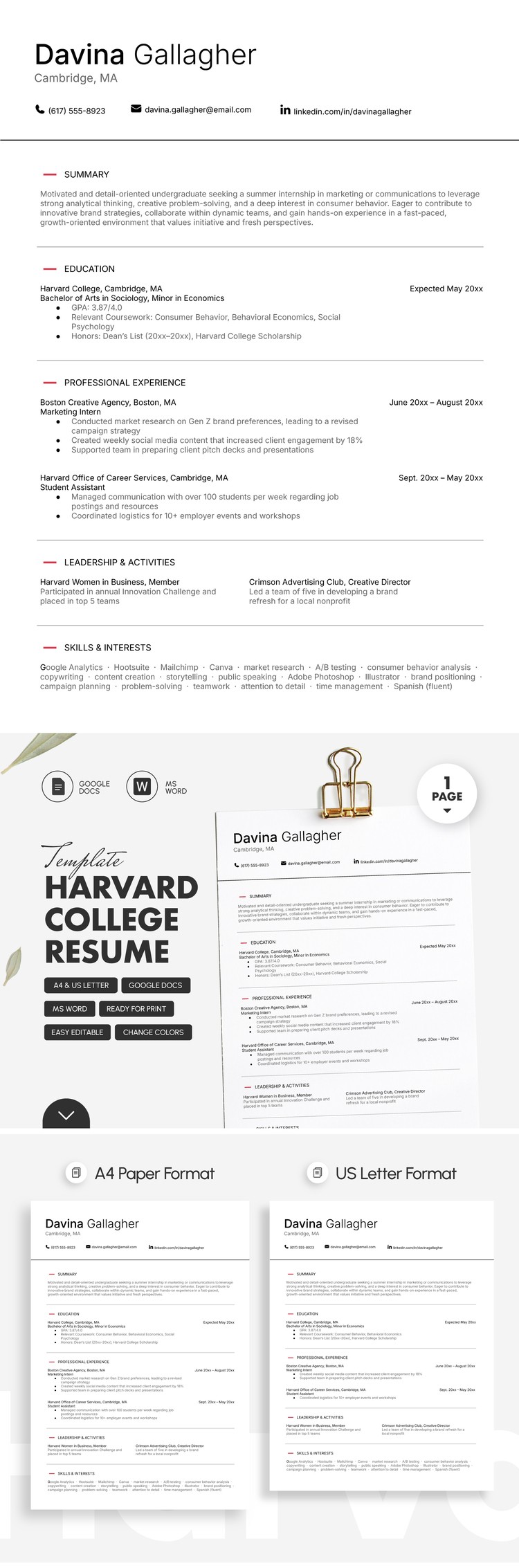 Free Harvard College Resume Template in Google Docs and Microsoft Word ...