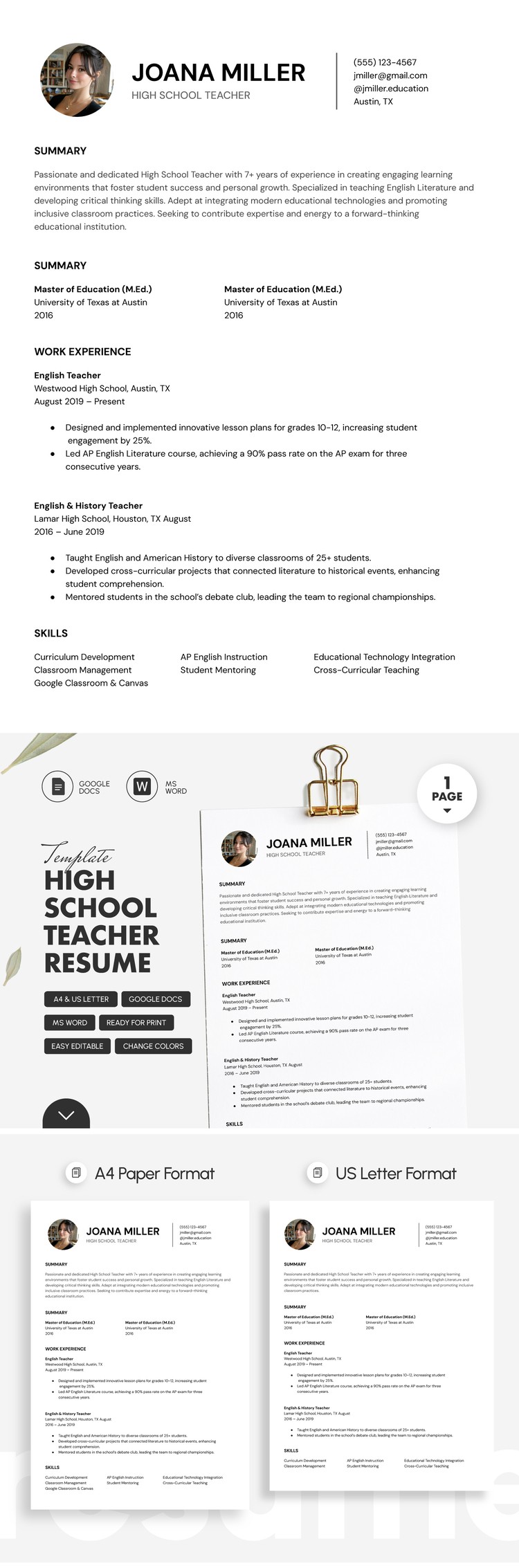 Free High School Teacher Resume Template in Google Docs and Microsoft ...
