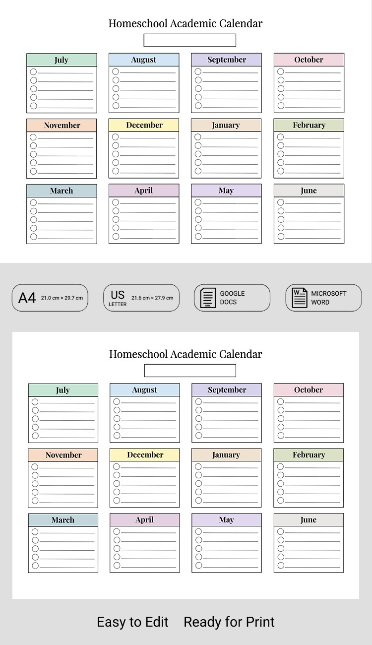 Free Homeschool Academic Calendar Template in Google Docs and Microsoft ...