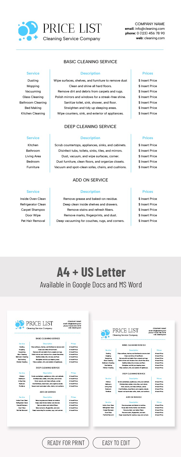 Free House Cleaning Services Price List Template in Google Docs and ...