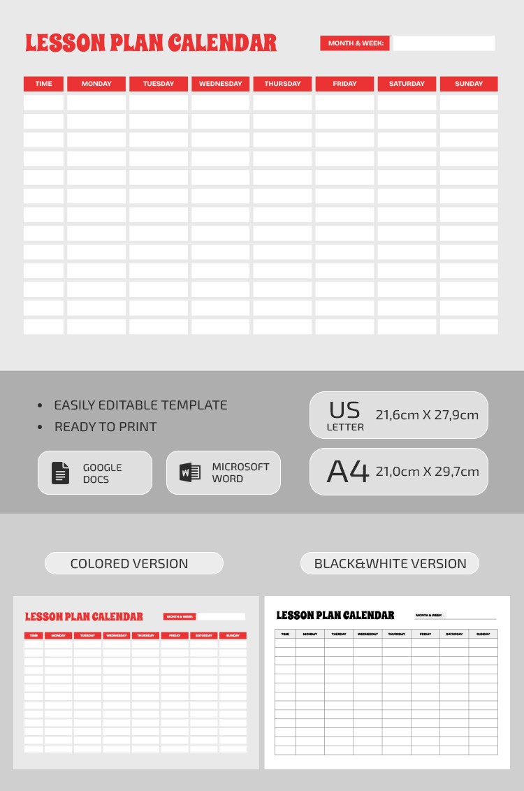 Free Lesson Plan Calendar Template | thegoodocs.com