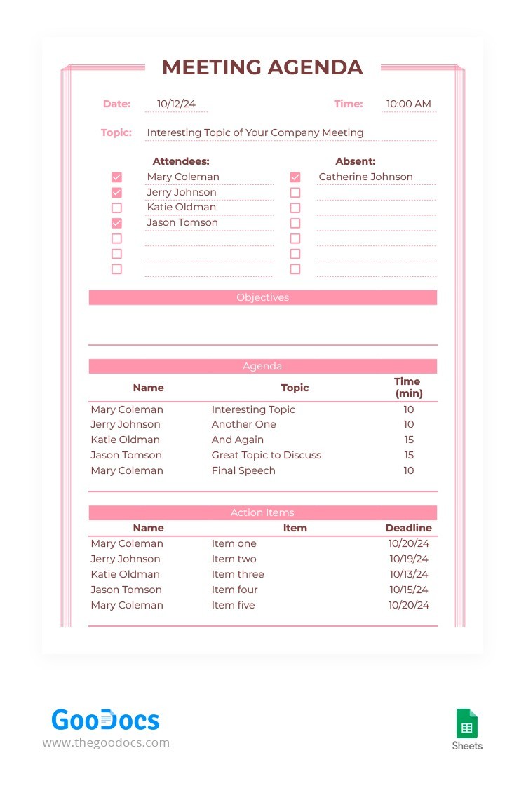 Free Pink Creative Meeting Agenda Template In Google Sheets And Free Pink Creative Meeting Agenda Template In Google Sheets And