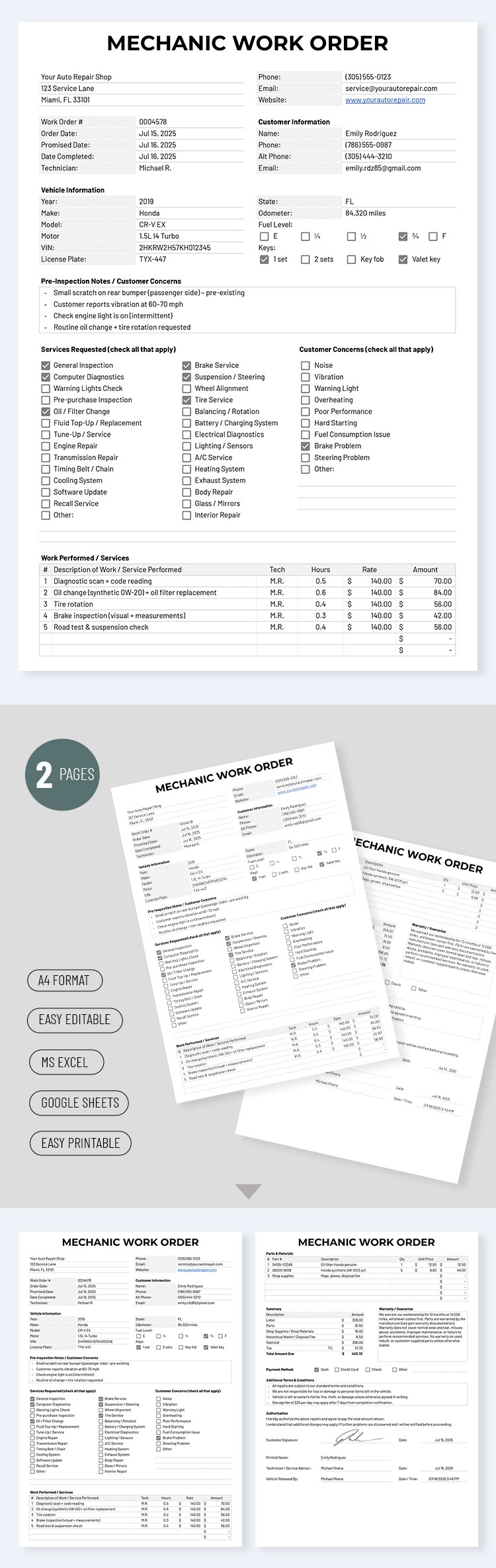 Free Mechanic Work Order Template In Google Sheets