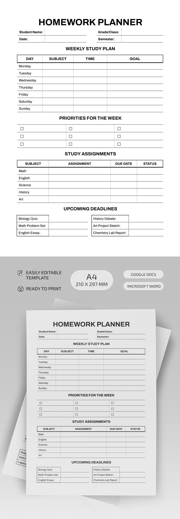 Free Minimalist Homework Planner Template | thegoodocs.com
