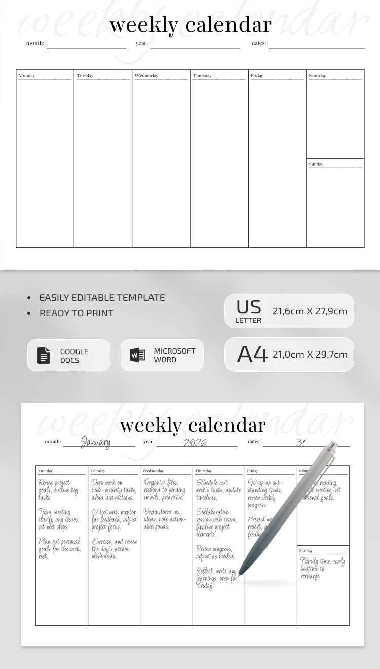 Free Minimalist Weekly Calendar Template in Google Docs and Microsoft ...