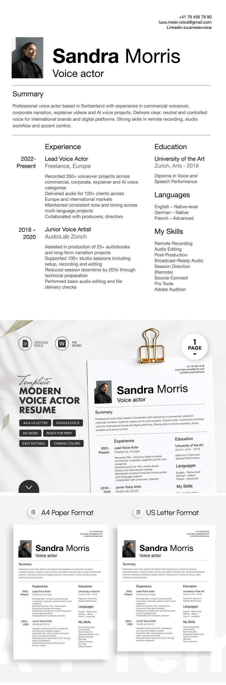 Free Modern Voice Actor ResumeTemplate in Google Docs and Microsoft ...
