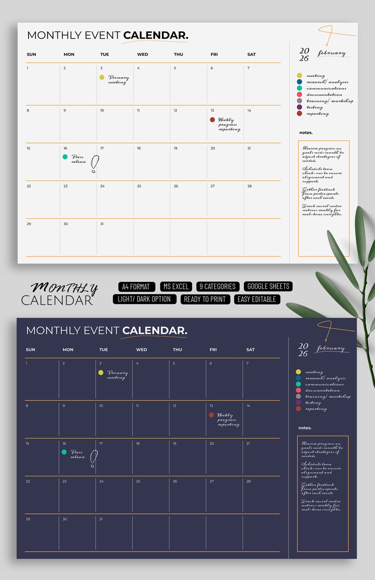 Free Monthly Event Calendar Template in Google Sheets and Microsoft Excel | thegoodocs.com