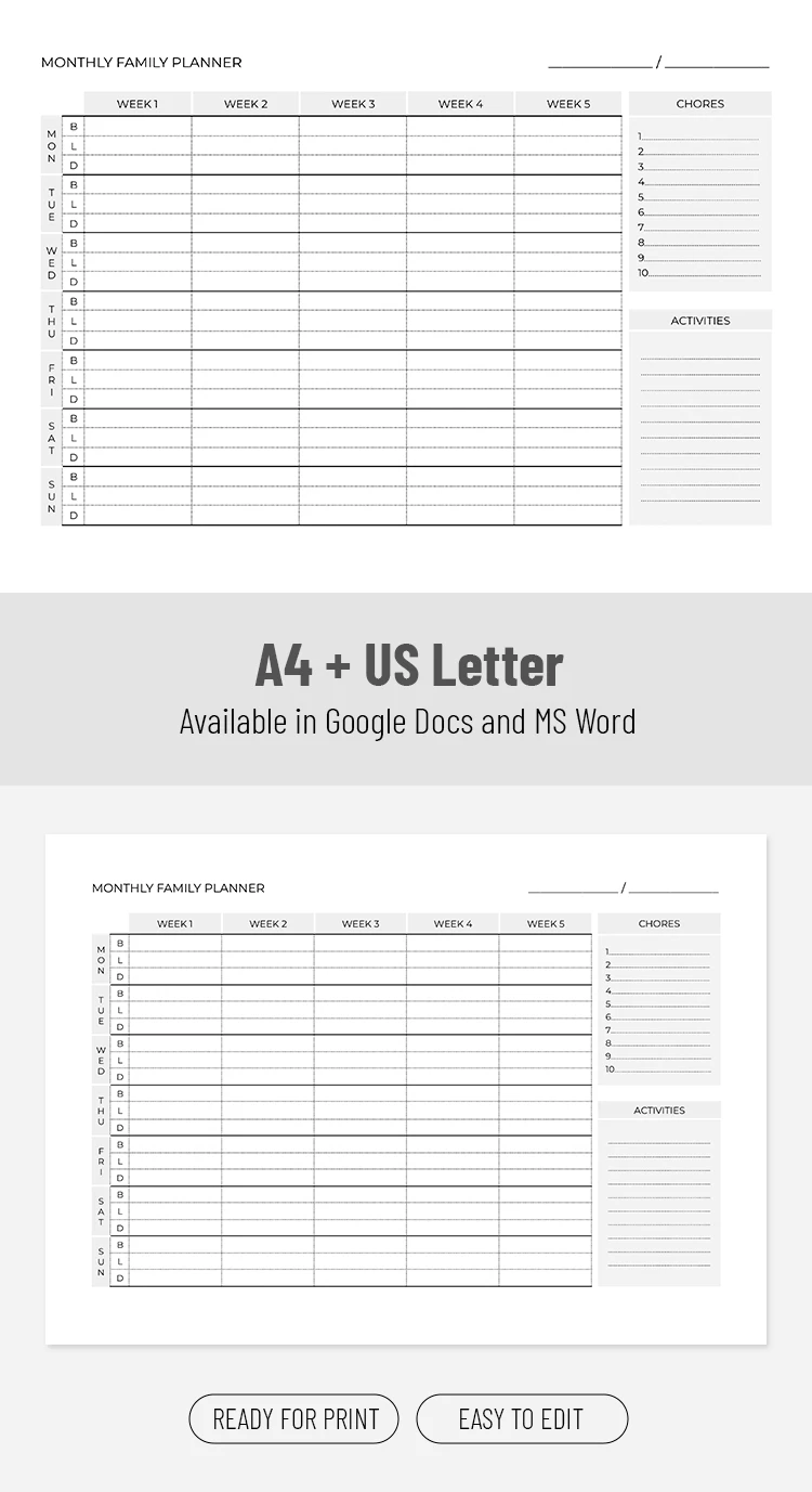 Free Monthly Family Planner Template – Meal Plan | Chores | Activities ...