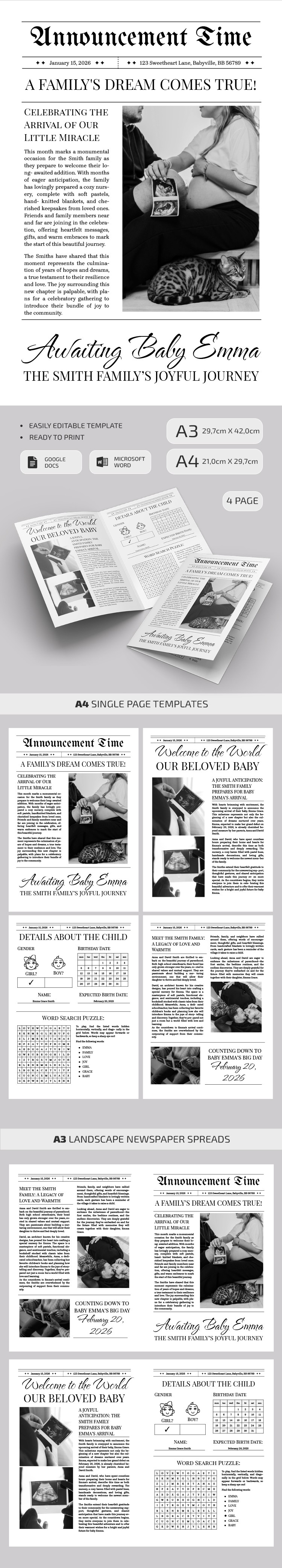 Free Newspaper Baby Announcement With Photo Template for Google Docs ...