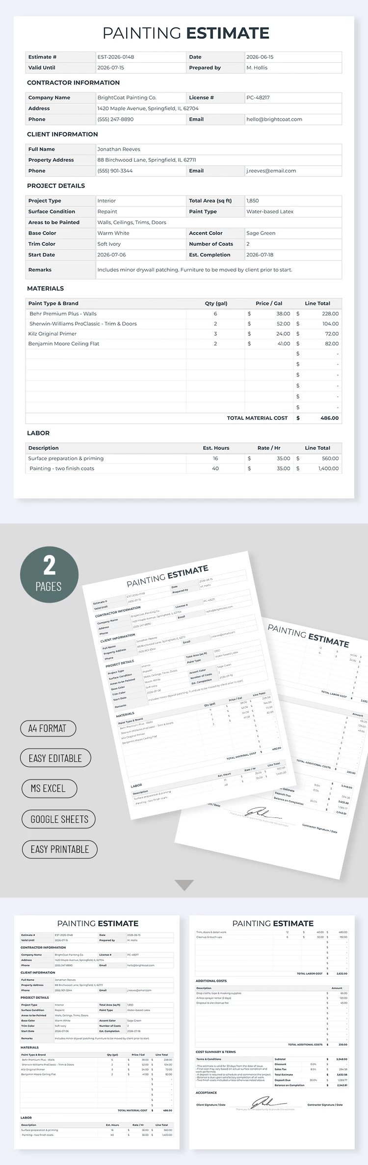 Free Painting Estimate Template In Google Sheets