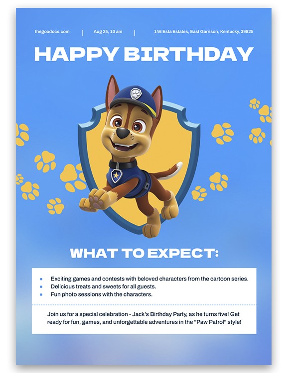 Free Panfleto de aniversário da Patrulha Pata Modelo | thegoodocs.com