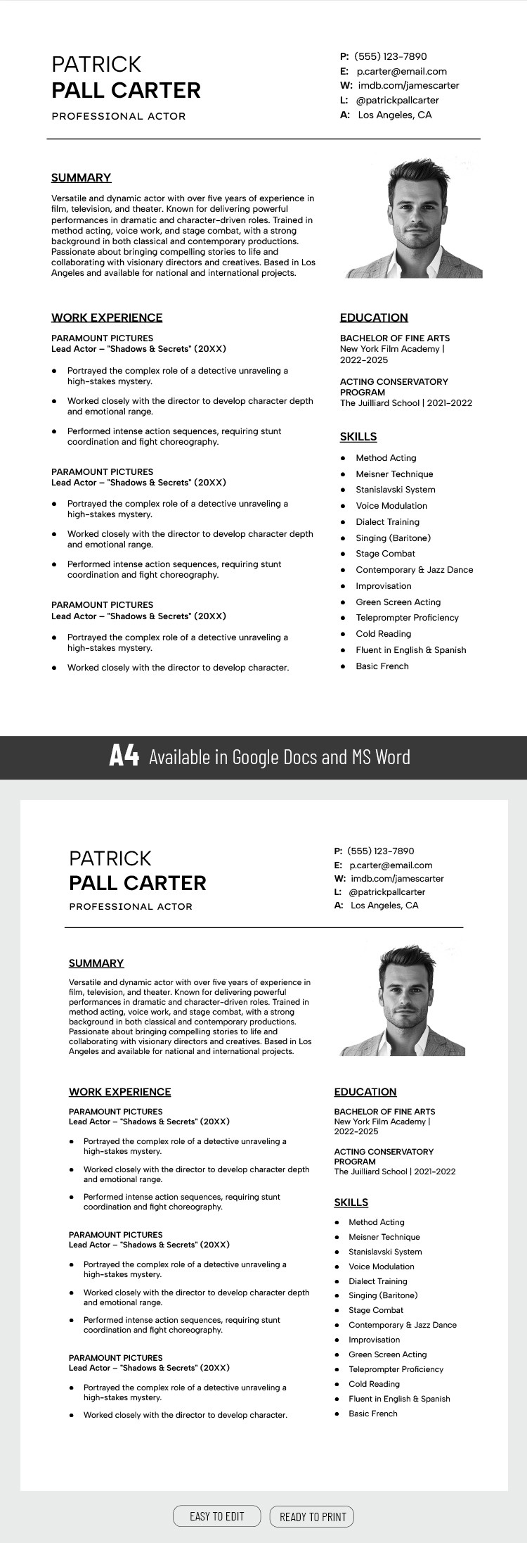 Free Plantilla de currículum de actor imprimible – Totalmente editable ...