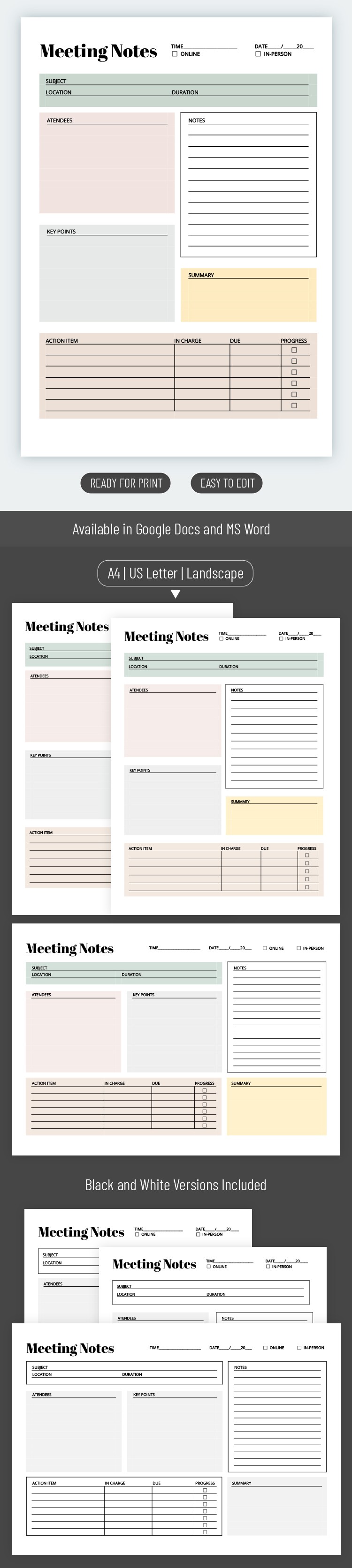 Free Printable Meeting Notes Template in Google Docs and Microsoft Word ...
