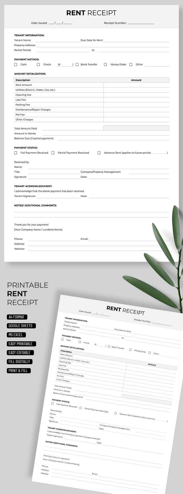 Gratuit Modèle de reçu de loyer imprimable dans Google Sheets